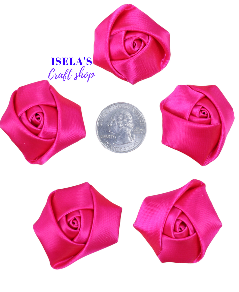 5PC -Hot Pink Satin Rolled Rosette Flowers H14 – Iselas Craft Shop
